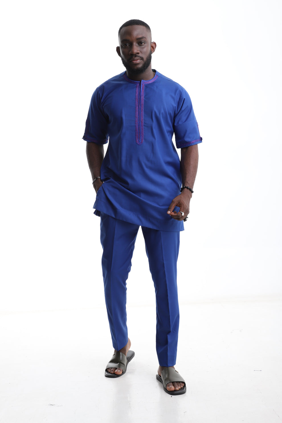 Navy Blue Senator Wear with Red Embroidery Accents – King Kaftan